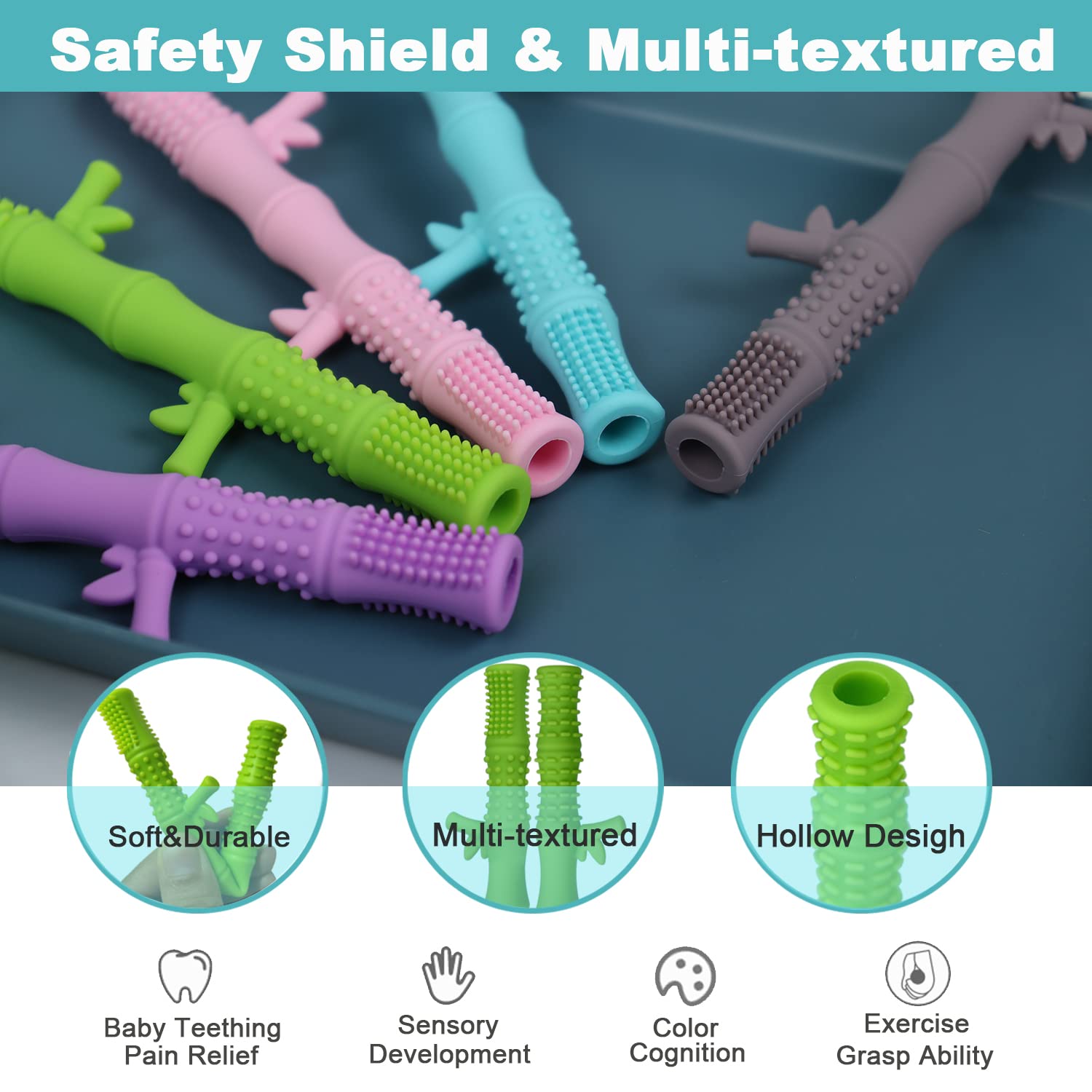 Hollow Teether Tubes for Babies 6-12 Months, 5 Pack Silicone Chew Straws Toys for Infant Toddlers, Bamboo Baby Toothbrush Molar Teether Toys with Safety Shield for Nursing Biting Chewing