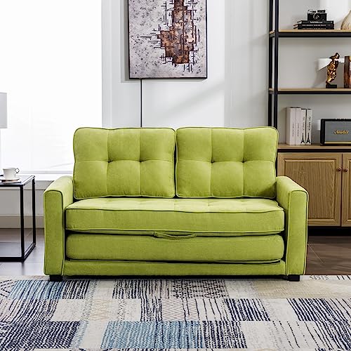 Merax 59.4" Loveseat Pull-Out Sofa Bed Modern Upholstered Couch with Side Pocket for Living Room Office,Green