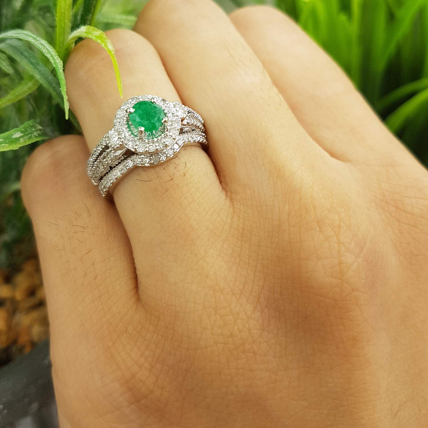 Dazzlingrock Collection 14k Round Emerald & White Diamond Women Halo Bridal Engagement Ring Set, White Gold, Size 5.5