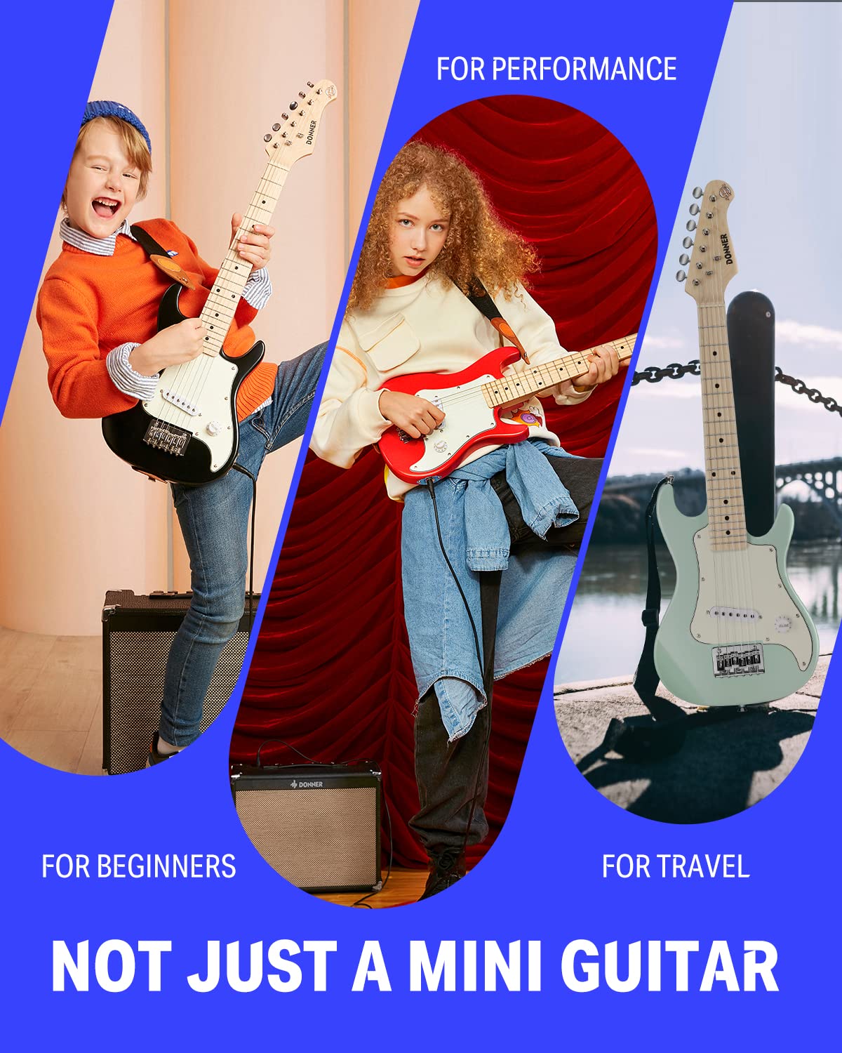 Donner 30 Inch Junior Electric Guitar Beginner Kit ST Style Mini Size ST Electric Guitar Junior Starter & Donner Guitar Cable 10 ft, Electric Instrument Cable Bass Amp Cord for Electric Guitar Bass