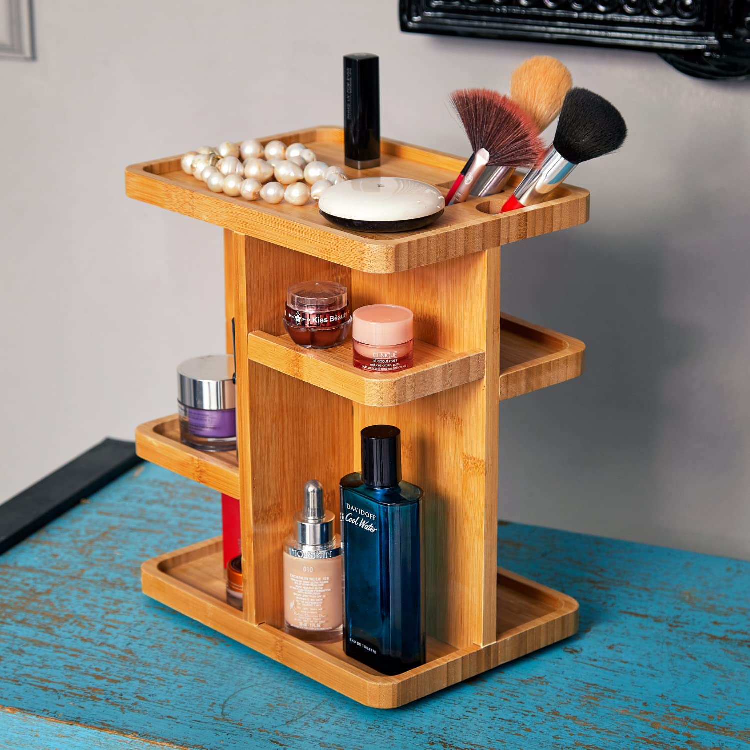 RoyalHouse Bamboo 360 Degree Rotating 12 inches Makeup Organizer, Display Cosmetic Organizer, Multi-Function Storage for Makeup Desk, Bathroom, Bedroom, Closet, and Toiletries