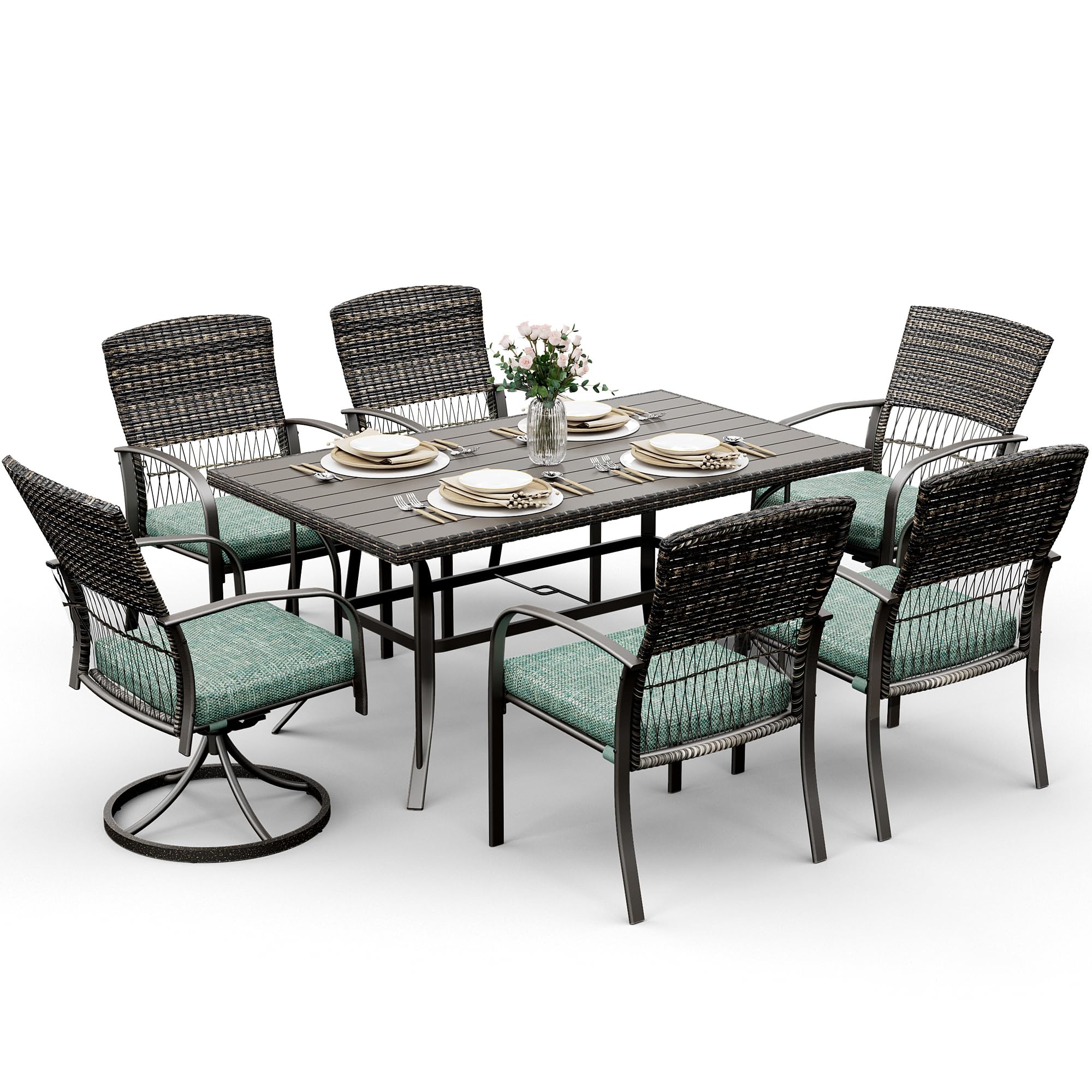 Pamapic 7 Piece Patio Dining Set for 6,Outdoor Wicker Furniture Set for Backyard Garden Deck Poolside with 4 Dining Chairs and 2 Swivel Rockers,Iron Slats Table Top, Removable Cushions(Green)