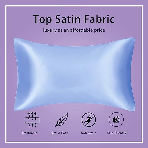 Luxury Satin Silk Pillow Case 2 Pack Pillowcase for Hair and Skin Satin Pillow Covers with Zipper Closure (Standard(20"x26"), Light Blue)
