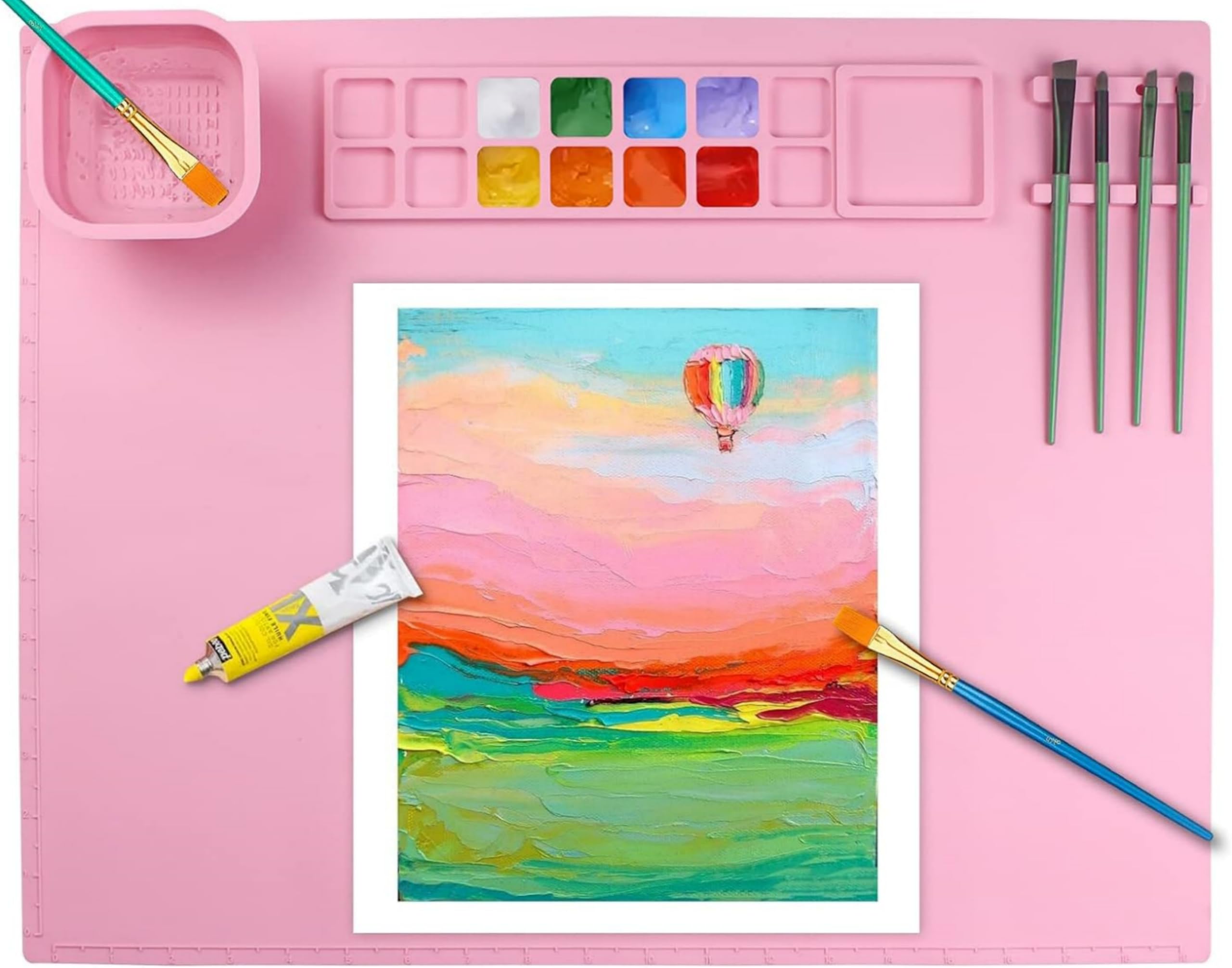 Queceuy Silicone Painting Mat,20"X16"Silicone Art mat with 1 Water Cup ,Handmade erasable Washable,for Resin, DIY, Clay, Play Doh Silicone Drawing mat for Children(Pink)