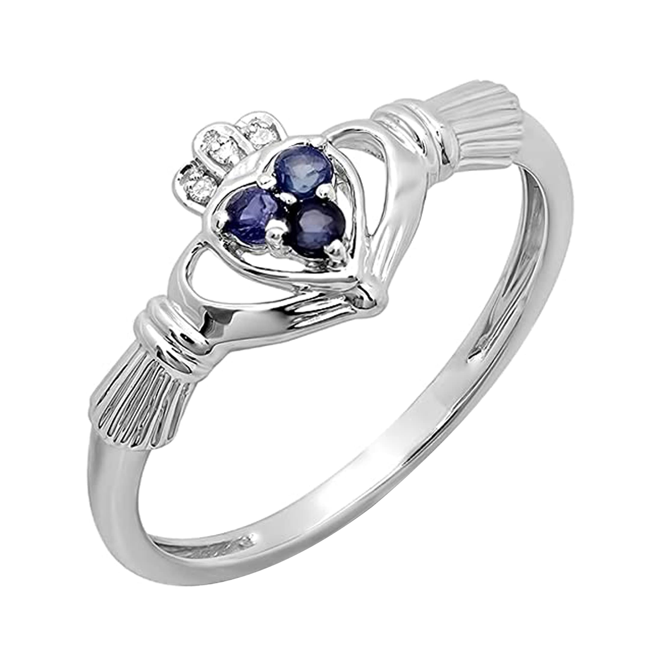 Dazzlingrock Collection Round Natural Blue Sapphire & White Diamond Promise Irish Love & Friendship Claddagh Heart Shape Ring for Women in 18K White Gold Size 8