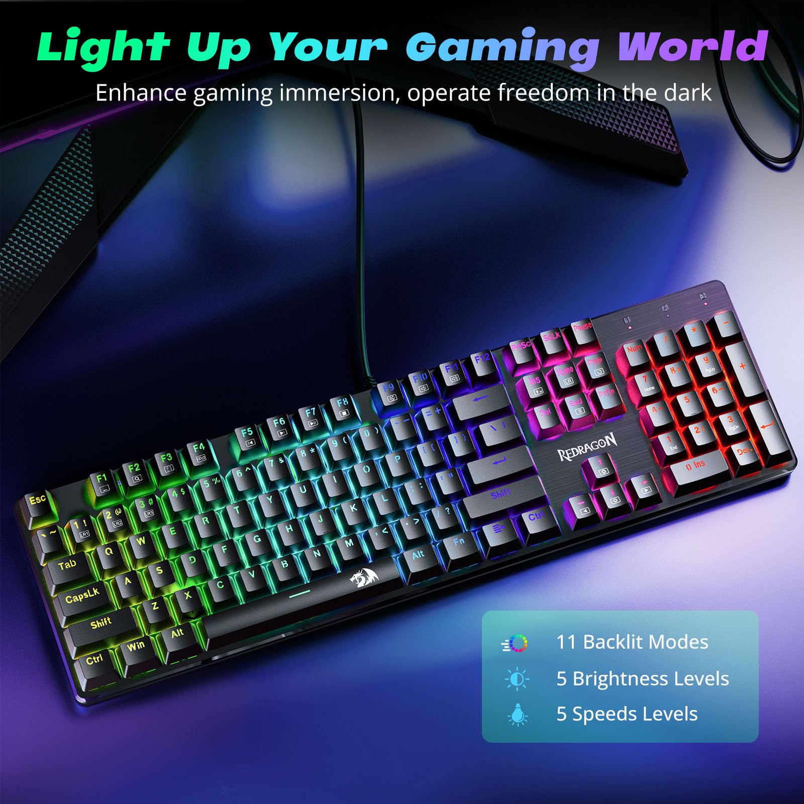 Redragon K555 Mechanical Gaming Keyboard with Blue Switches, Macro Recording, Wrist Rest, Full Size, Indrah, for Windows PC Gamer (RGB LED Backlit)