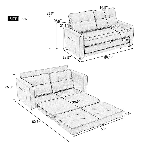 Merax 59.4" Loveseat Pull-Out Sofa Bed Modern Upholstered Couch with Side Pocket for Living Room Office,Green