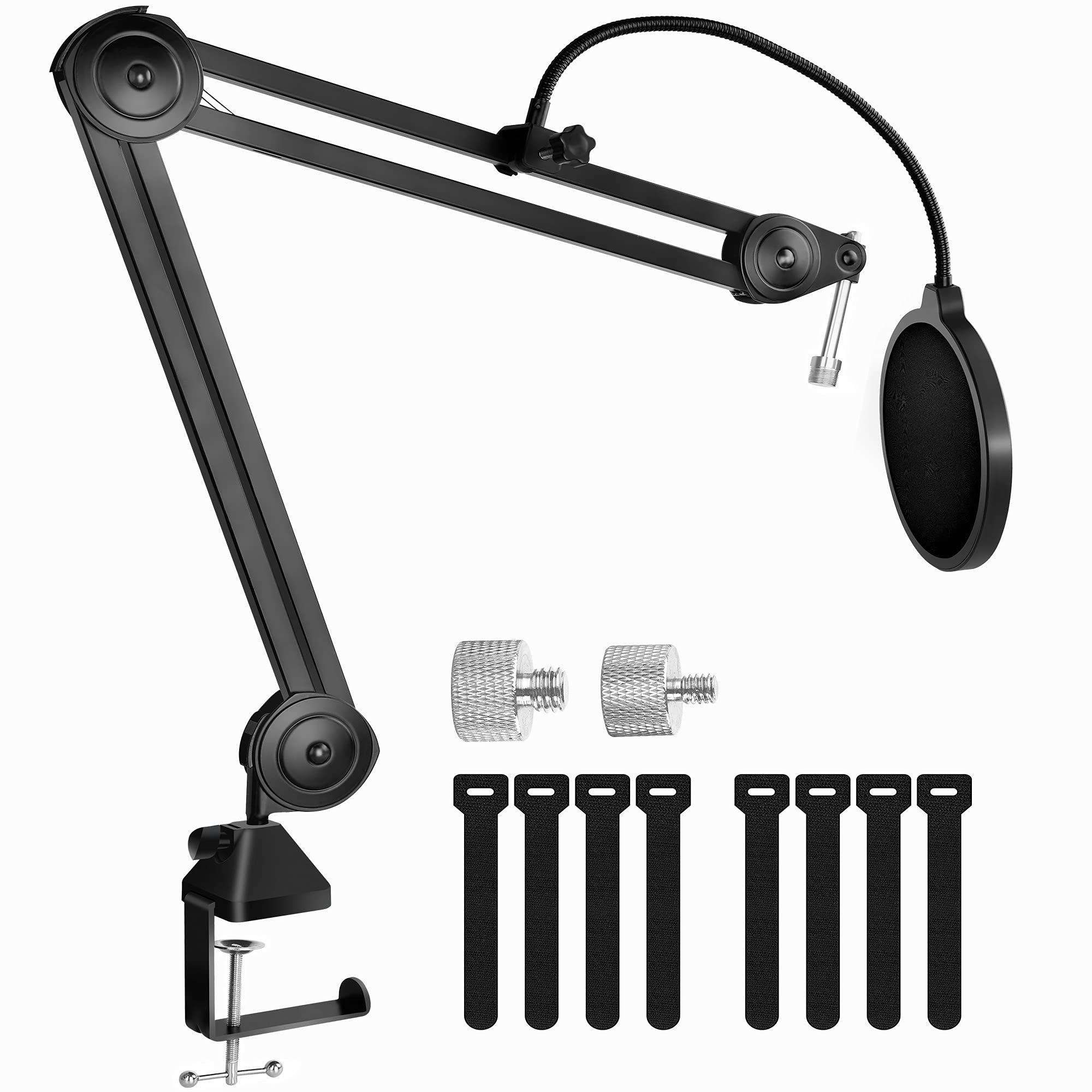 eWonLife Mic Arm, Boom Arm Mic Stand Desk Mount with 5/8 Thread, Microphone Stand for Shure SM7B, Mv7, Blue Yeti, Hyperx Quadcast, Heavy Duty, With Filter, 5/8" to 3/8", to 1/4" Adapter, 8 Cable Ties