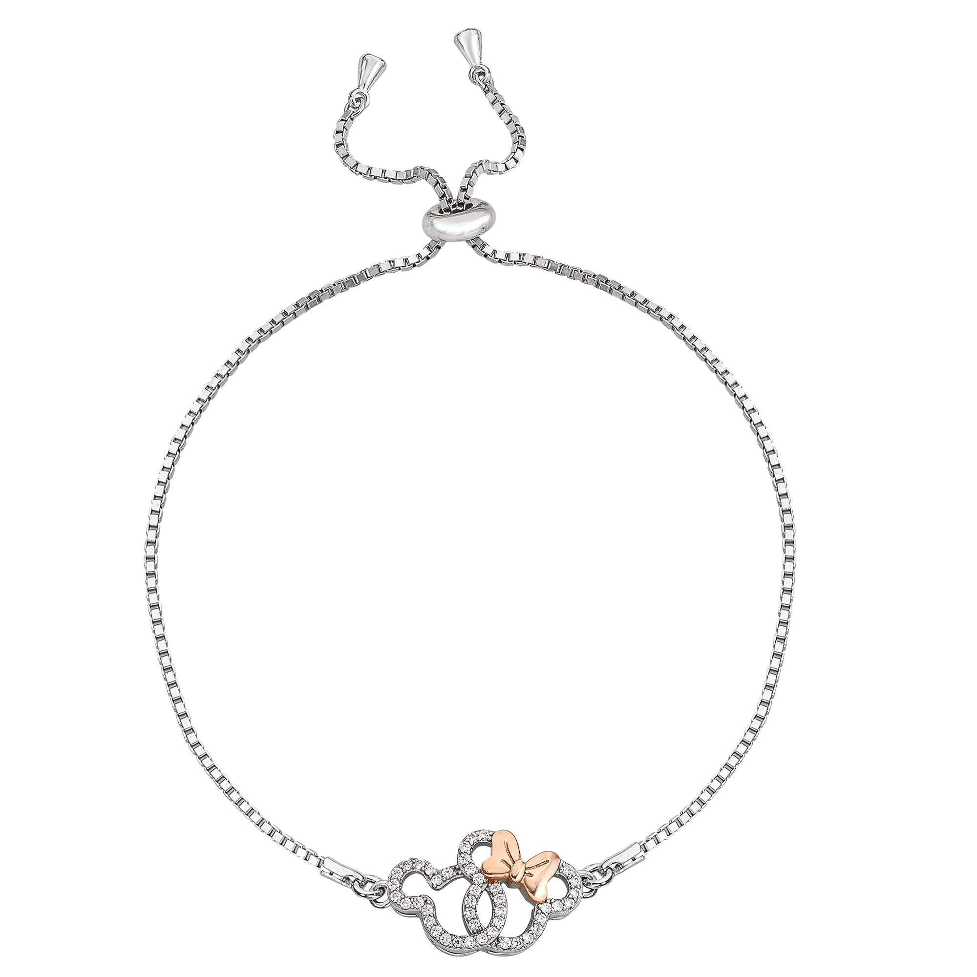 Disney Interlocking Mickey and Minnie Mouse Two Tone Cubic Zirconia Lariat Bracelet, Sterling Silver
