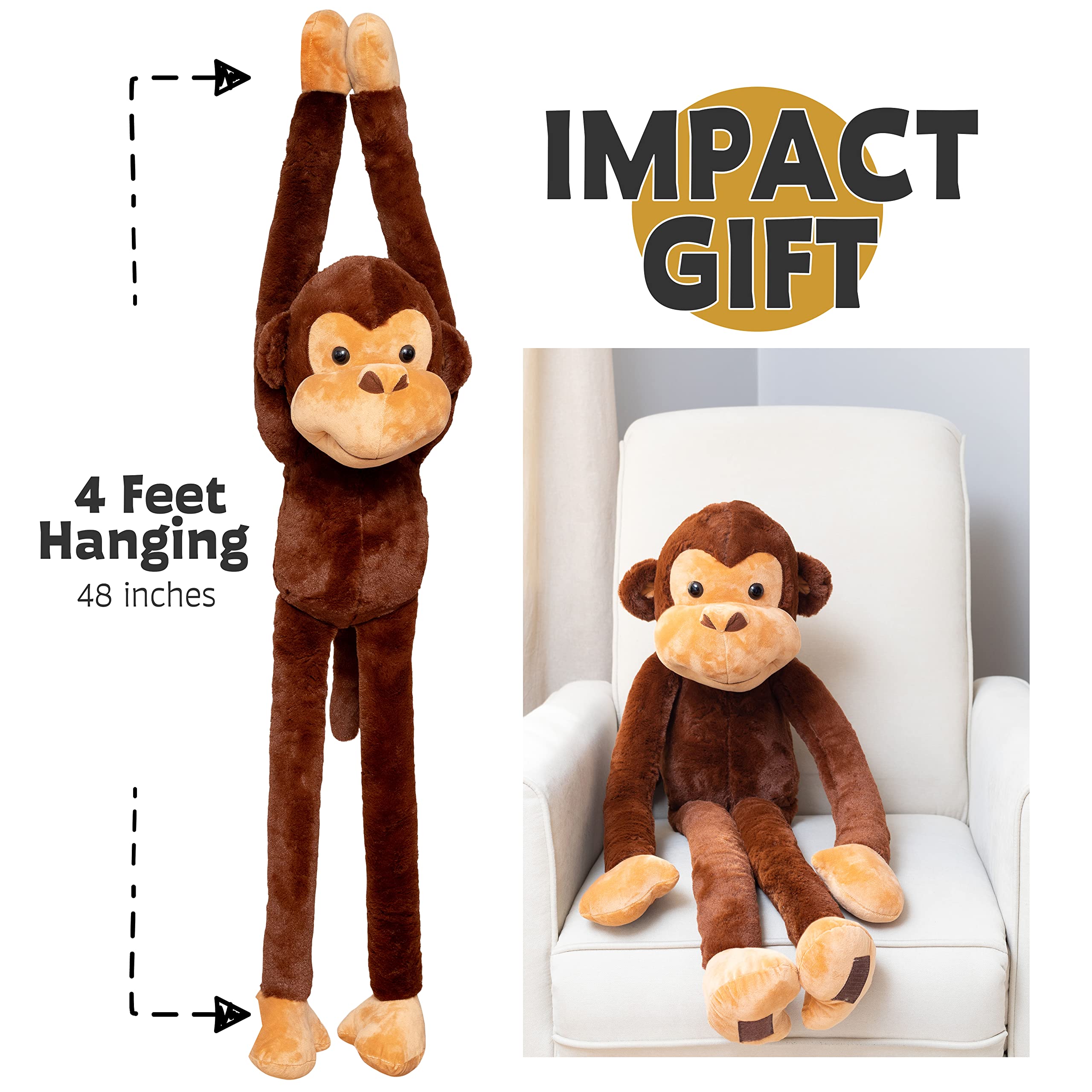 Giant 4ft Hanging Monkey Stuffed Toy - Ultra Soft, Connectable Hands & Feet, Perfect for Comfort & Decoration