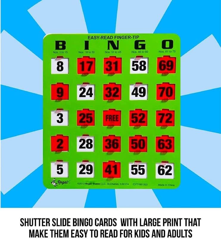 Regal Bingo Bingo Cards with Sliding Windows - Green Reusable & Large Bingo Cards - Ideal for Family Fun Bingo Game Night - No Chips & Daubers Needed - 25 Pcs