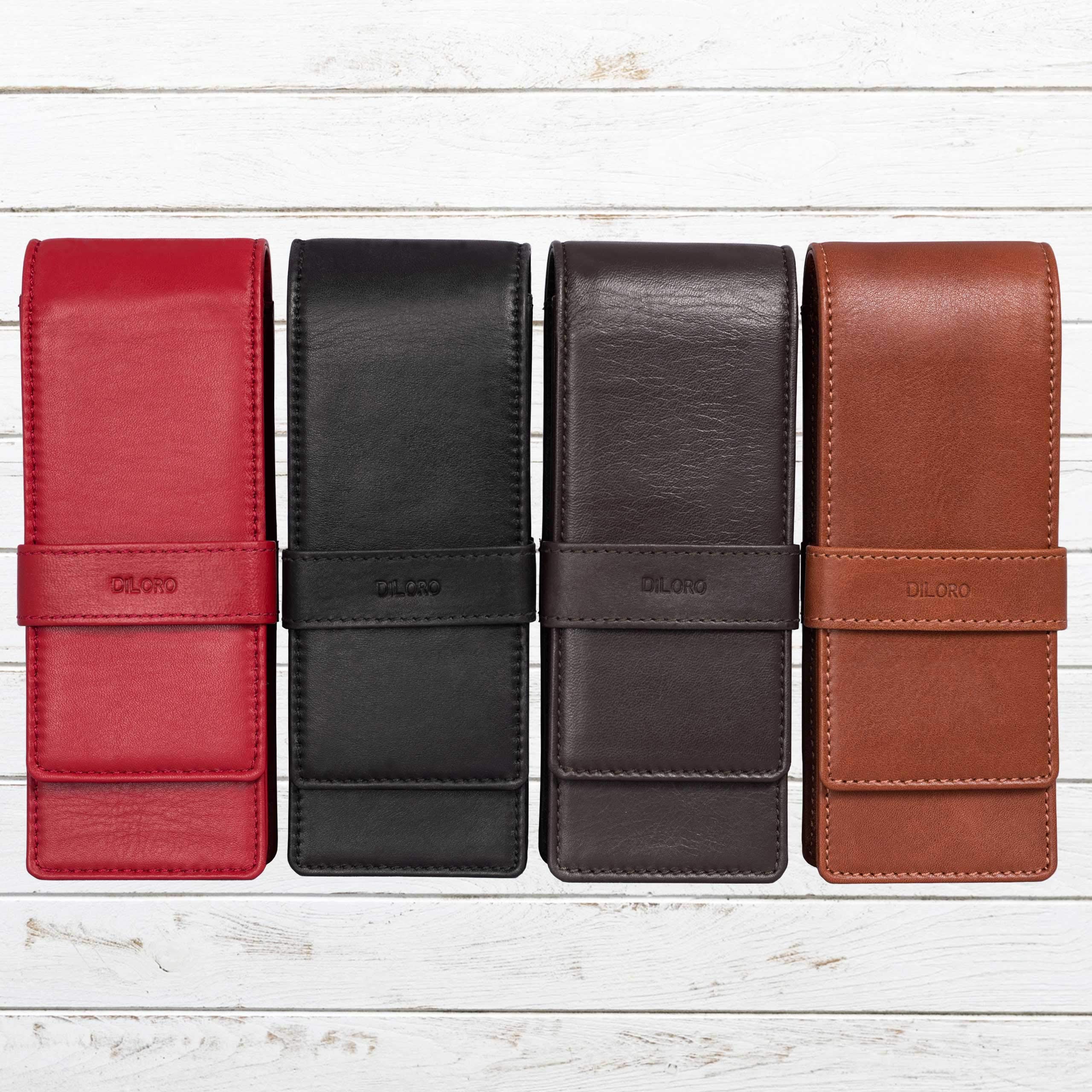 DiLoro Leather Triple Pen Case Pencil Pouch Holder for Three Fountain Ballpoint Rollerball Pens and Pencils (Black)
