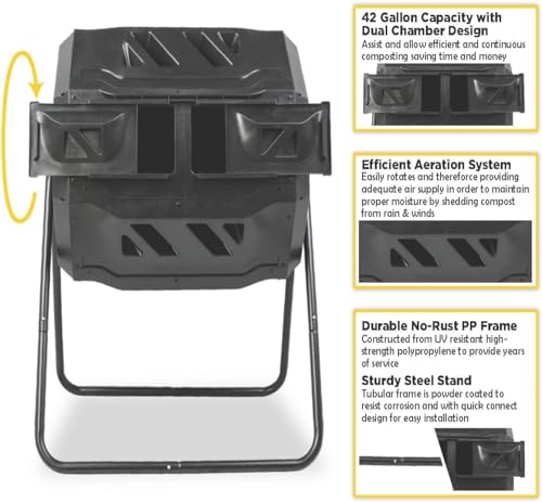 MaxWorks 50891 Compost Tumbler Bin Composter Dual Chamber 42 Gallon, Bundled with Gloves
