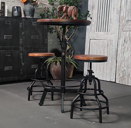 LOKKHAN 3-Piece Crank Handle Bar Table (33.5"-39.4") & 2 Stools (20"-27") Set for Pub Kitchen Dining Living Party Bistro Breakfast, Industrial Adjustable Swivel Pine Top,Most Weld, Space-Saving