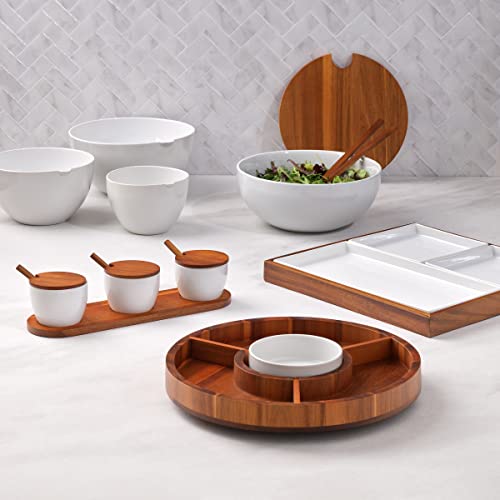 Nambe Duets Collection Lazy Susan, Divided Organizer, Serving Tray, Crudité Platter, Kitchen, Dining, Pantry Display and Storage, Acacia Wood Tray, Porcelain Dip Bowl
