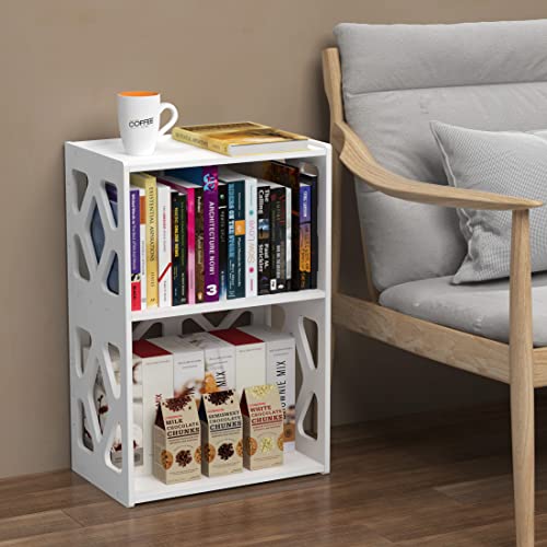 Rerii Small Bookshelf Bookcase for Small Spaces, Bed Side End Table 3 Tier 2 Shelf, Mini Little Book Shelf Case for Kids Room Bedroom Living Room Office, White