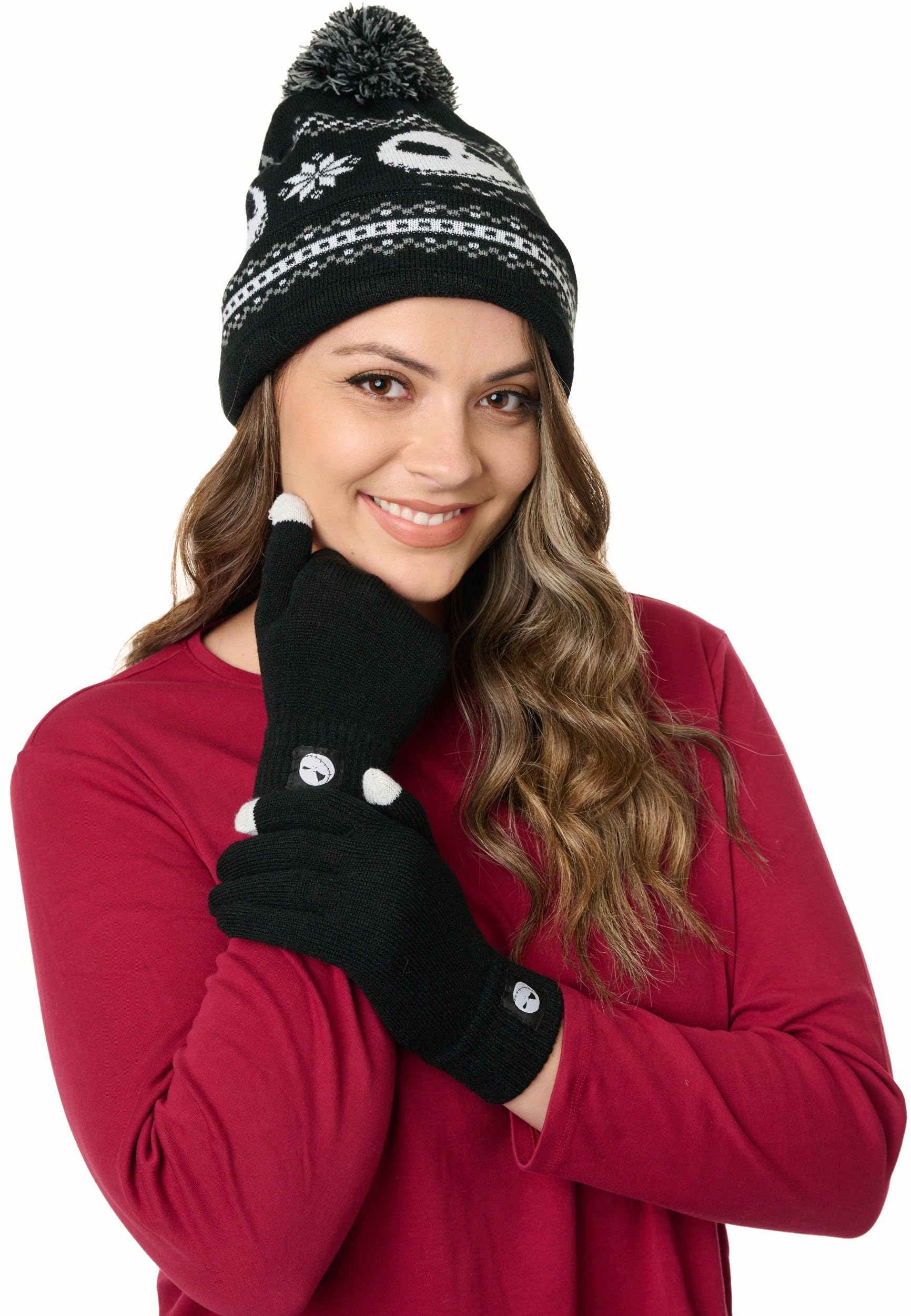 Disney Jack Skellington Womens Knit Beanie Hat and Texting Glove Set (Black)