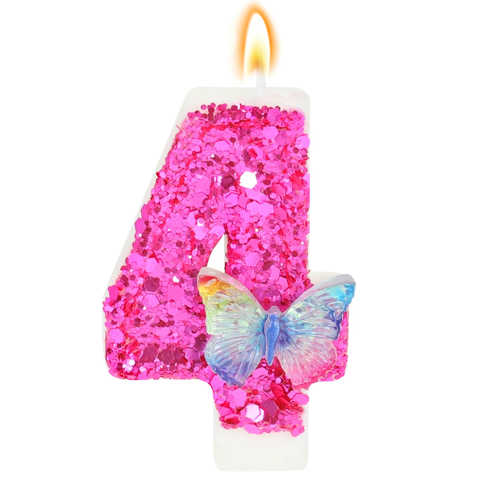 IDIJOLI Butterfly Number 4 Candles Glitter Hot Pink Birthday Candles for Cake Topper with Sequins for Anniversary Celebrations Supplies (Number 4)