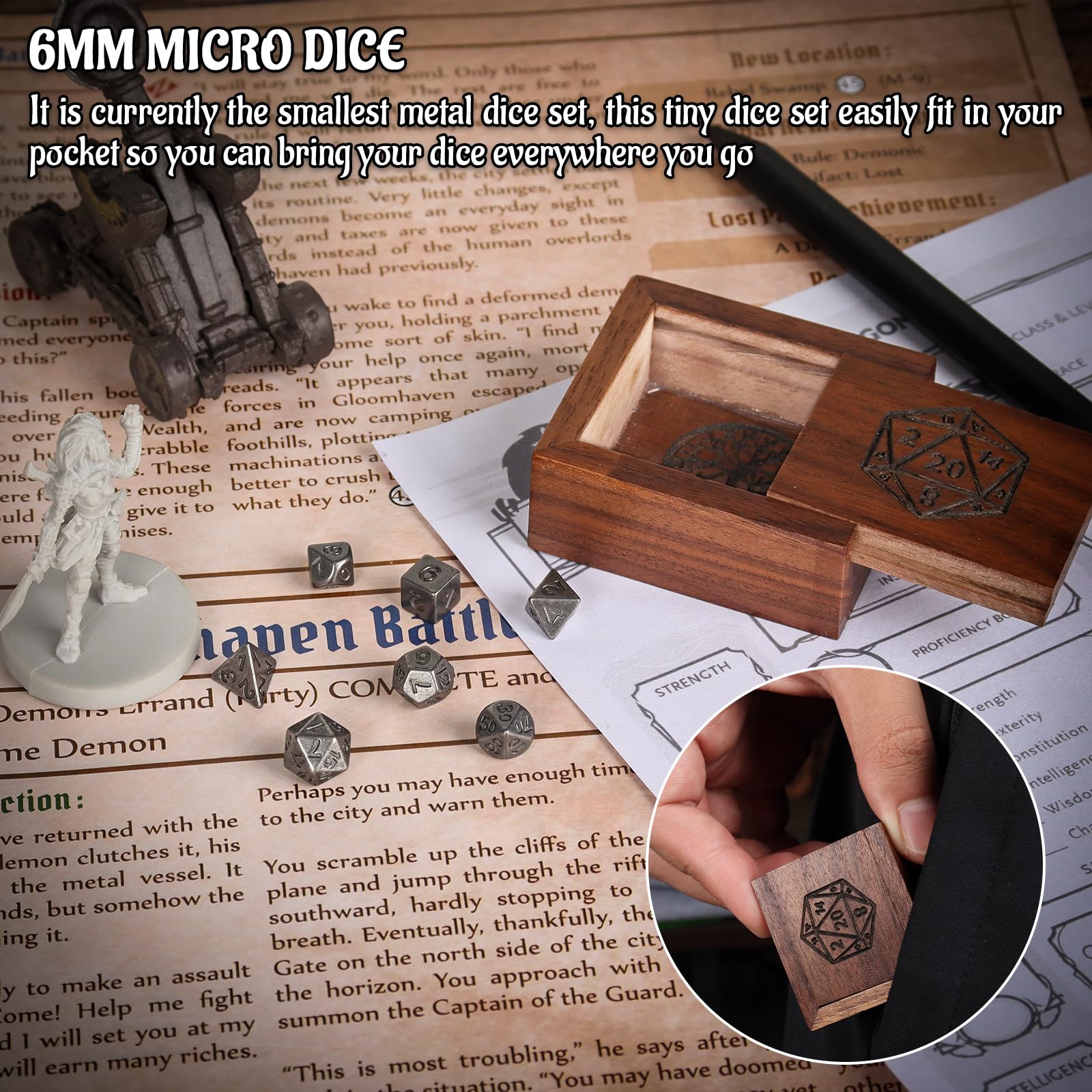CZYY DND 6mm Micro Polyhedral Mini Dice Set + Black Walnut Wood Box Engraved with D20 & Tree of Life Perfect for Dungeons and Dragons, Tabletop RPG Cards Board Games, Silver