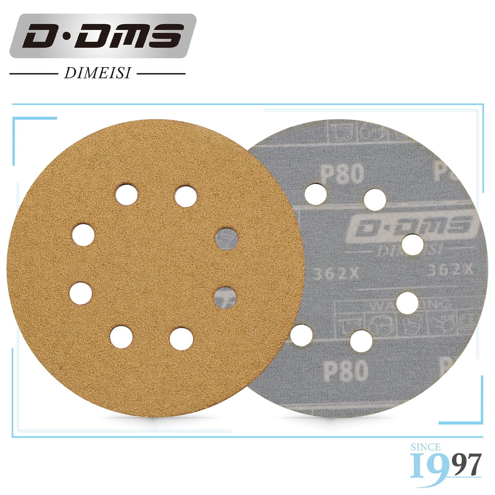 D DMS DIMEISI - 220 Grit - 5 Inch 8 Hole Hook and Loop Sanding Discs, 50PCS Gold Orbital Sander Sandpaper for Woodworking or Automotive, Sharp Cutting and More Durable