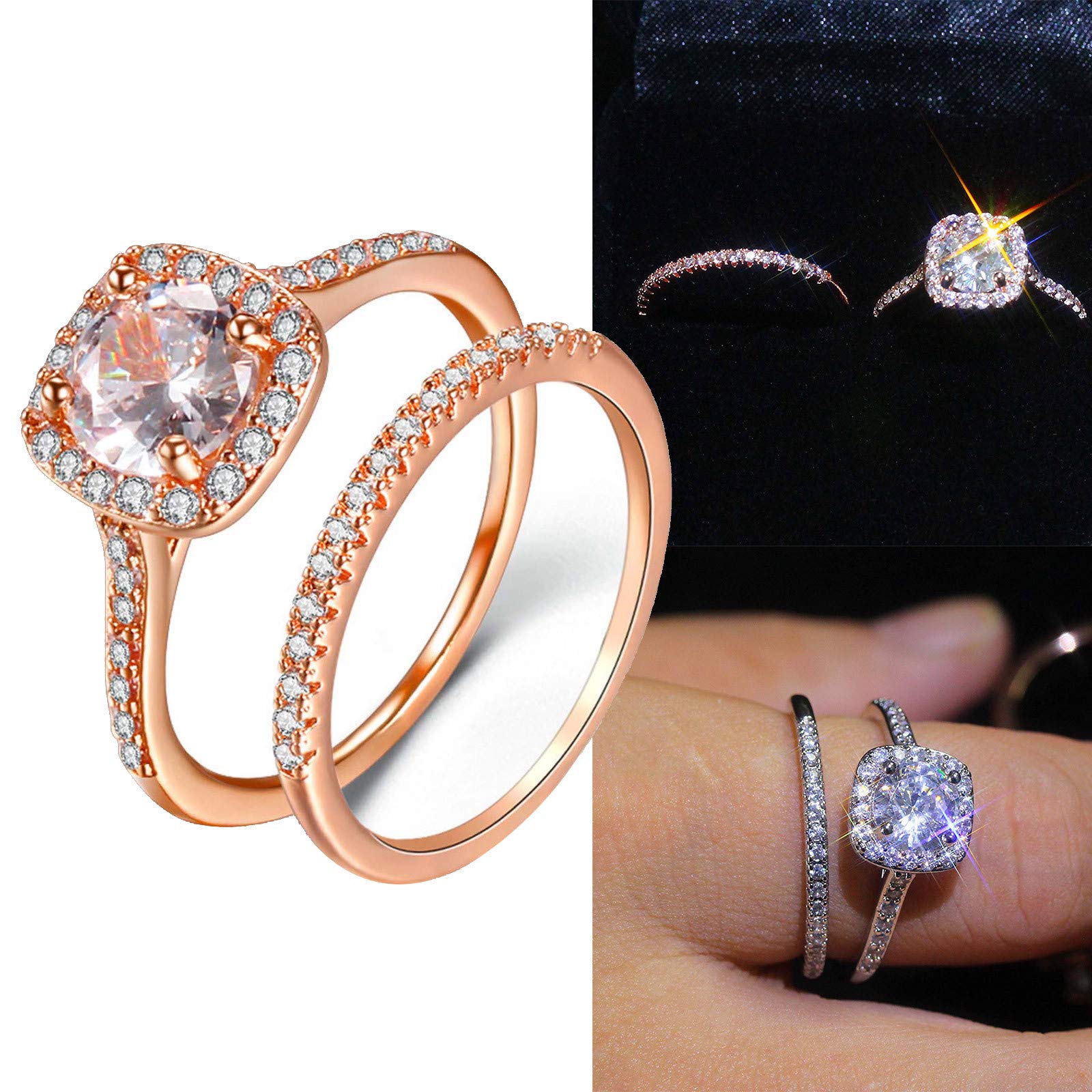 Fragarn 2Pcs Bohemian Engagement Rings,14K Gold Plated Sterling Silver Rings,Simulated Diamond Stackable Ring Eternity Bands for Women(Rose Gold,8)