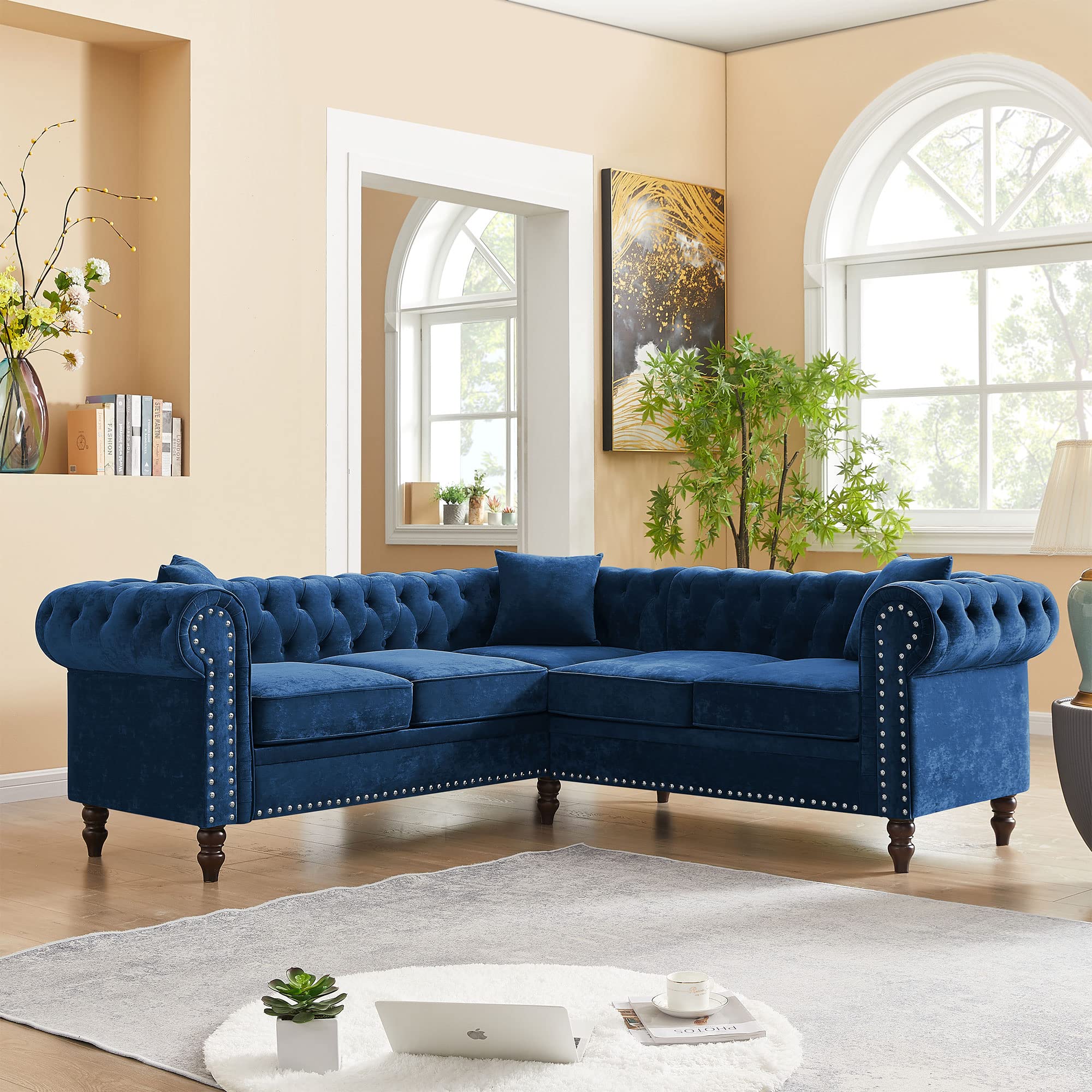 Merax L-Shaped 80" Deep Sofa Couch, Luxury Classic Chesterfield L-Shaped Velvet Sofa, Button Tufted Upholstered Sectional Corner Sofa with 3 Pillows and Solid Wood Gourd Legs, Blue Velvet