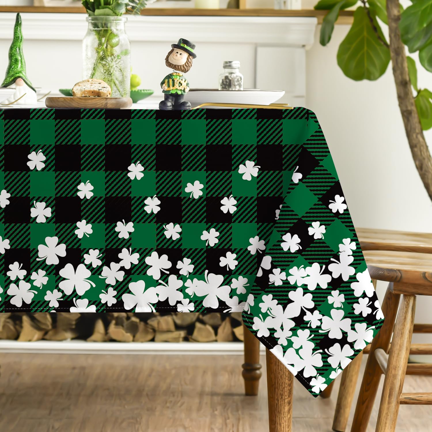 Horaldaily St. Patrick's Day Rectangular Tablecloth 60×84 Inch, Buffalo Plaid Shamrock Lucky Washable Table Cover for Party Picnic Dinner Decor
