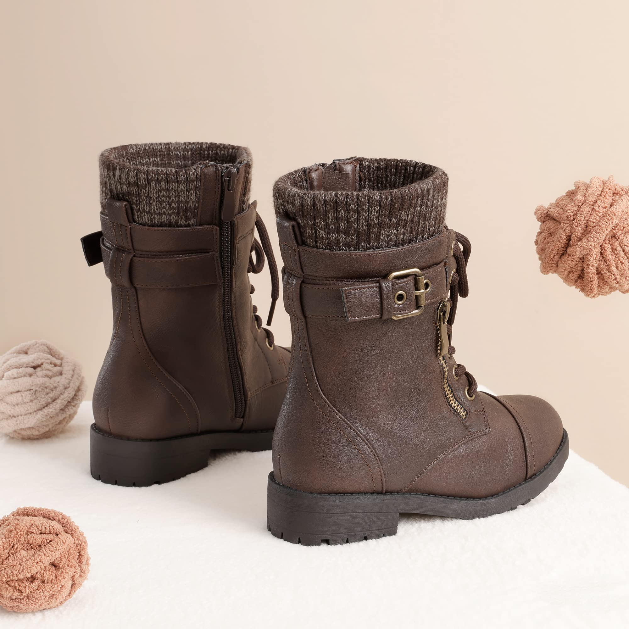 DREAM PAIRS Unisex-child Amazon-K Brown Girl's Mid Calf Combat Boots Size 2 Little Kid M US, Brown-z
