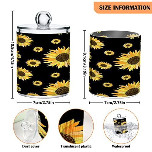 Kigai Black Sunflower Qtip Holder - 14OZ Clear Plastic Apothecary Jars Bathroom Canister Dispenser Organizer Vanity Storage Jar with Lid for Cotton Ball, Cotton Swab, Floss (2PACK)