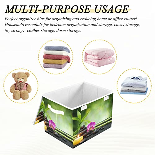 innewgogo Bamboo Mat with Flower Stone Storage Bins with Lids for Organizing Foldable Storage Bins with Handles Oxford Cloth Storage Cube Box for Bed Room
