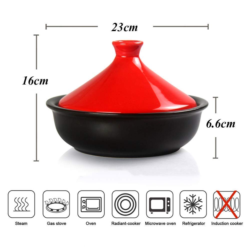 Generic Moroccan tagine Pot Small tagine Bowl Round Ceramic Casserole Clay Pot with lid Heat-Resistant hot Pot earthen Pot Multifunctional cookware for stew Soup C 16 23 cm