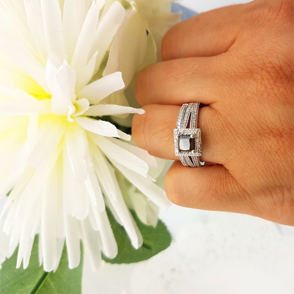 Dazzlingrock Collection 1.35 Carat (Cttw) Princess Black & Round White Diamond Split Shank Halo Wedding Ring Set for Women in 14K Solid White Gold, Size 8