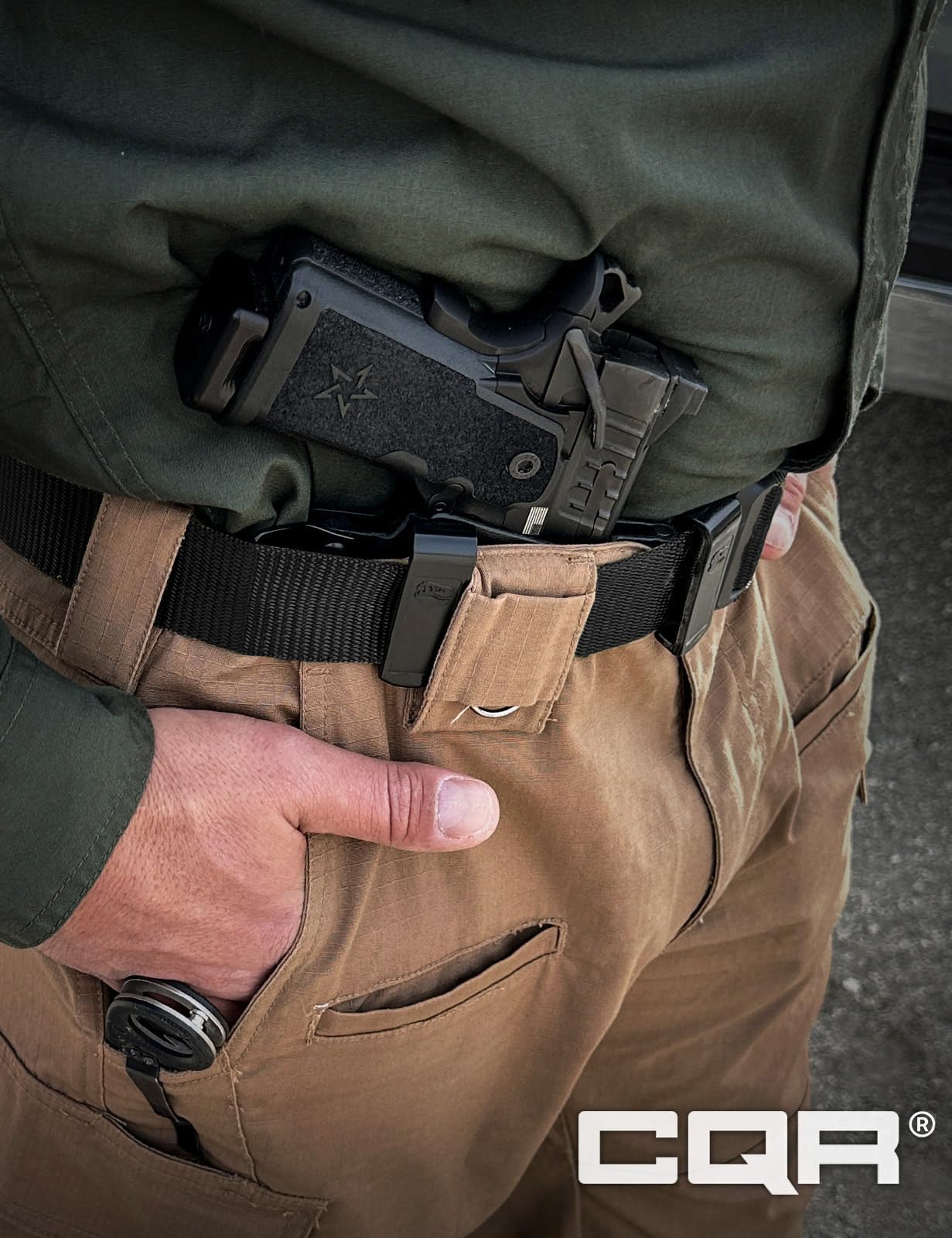 CQR Tactical Belt, Military Style Heavy Duty Belt, Webbing EDC Quick-Release Buckle, 2pack Plastic Flip Tab Black/Khaki, Large