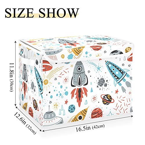 Kigai Cartoon Rocket Planet Star Storage Bin, Storage Baskets with Lids Large Organizer Collapsible Storage Bins Cube for Bedroom, Shelves, Closet, Home, Office 16.5 X 12.6 X 11.8 Inch