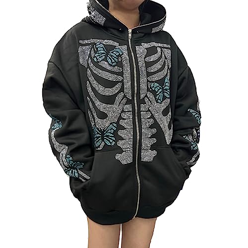 Karwuiio Women Rhinestone Full Zip Up Hoodies Spider Skeleton Print Sweatshirt Y2k Gothic Oversized Jackets (Black-B, XXXL)