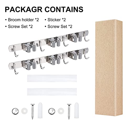 GDTOOLMMY Broom Holder Wall Mount, Stainless Steel Mop Holder Self Adhesive Durable Heavy Duty Broom Hanger Storage Rack for Home, Kitchen, Garden and Garage 5 Rack 4 Hooks(2pack)
