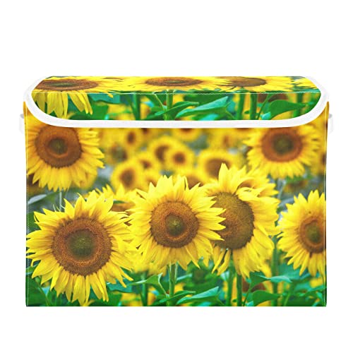 innewgogo Field Yellow Sunflowers Storage Bins with Lids for Organizing Baskets Cube with Cover with Handles Oxford Cloth Storage Cube Box for Car