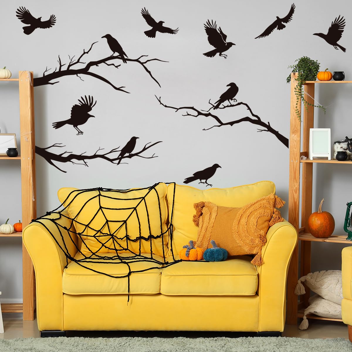 Raven Wall Stickers,Black Crows Wall Decals,Winter Branches Wall Decals,Halloween Tree Branch Wall Decals,Peel and Stick Bird Wall Decals,Removable Vinyl Halloween Wall Stickers.