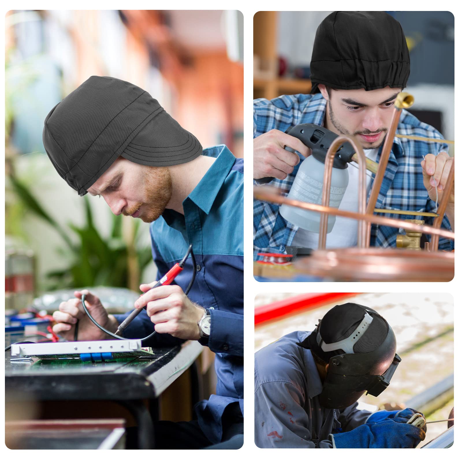 Janmercy 2pcs Welding Caps for Men Flame Resistant Cotton Welding Hat Welder Caps Mesh Inside Liner Elastic Low Crown (Black Gray)