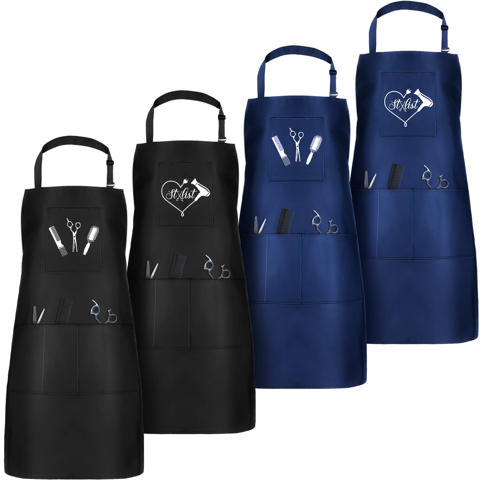 Janmercy 4 Pcs Hair Stylist Apron with 4 Pockets Waterproof Salon Aprons for Hairdresser Cosmetologist Apron (Black, Dark Blue)