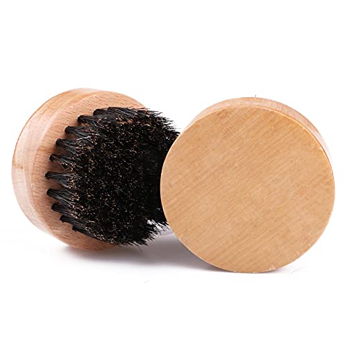 ECHOLLY Wood Beard Brush for Men - Boar Bristles Small and Round - Beard Balm and Beard Oil Application Brush