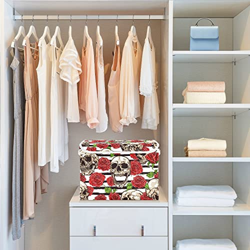 innewgogo Skulls Red Roses Storage Bins with Lids for Organizing Closet Organizers with Handles Oxford Cloth Storage Cube Box for Dog Toys