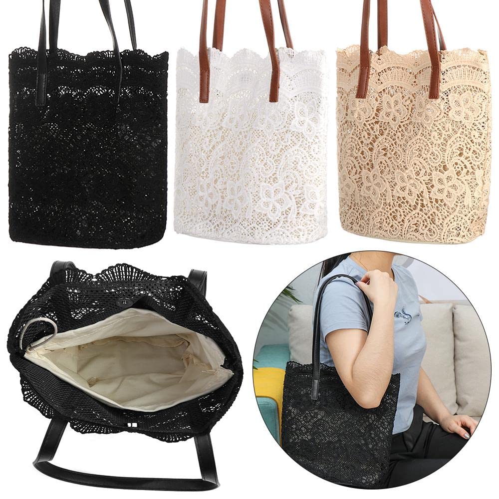 Girl Boho Hollow Out Sandy Beach Summer Lace Shoulder Bag Woven Handbags Hand Crochet Crochet Flower Bag(black)