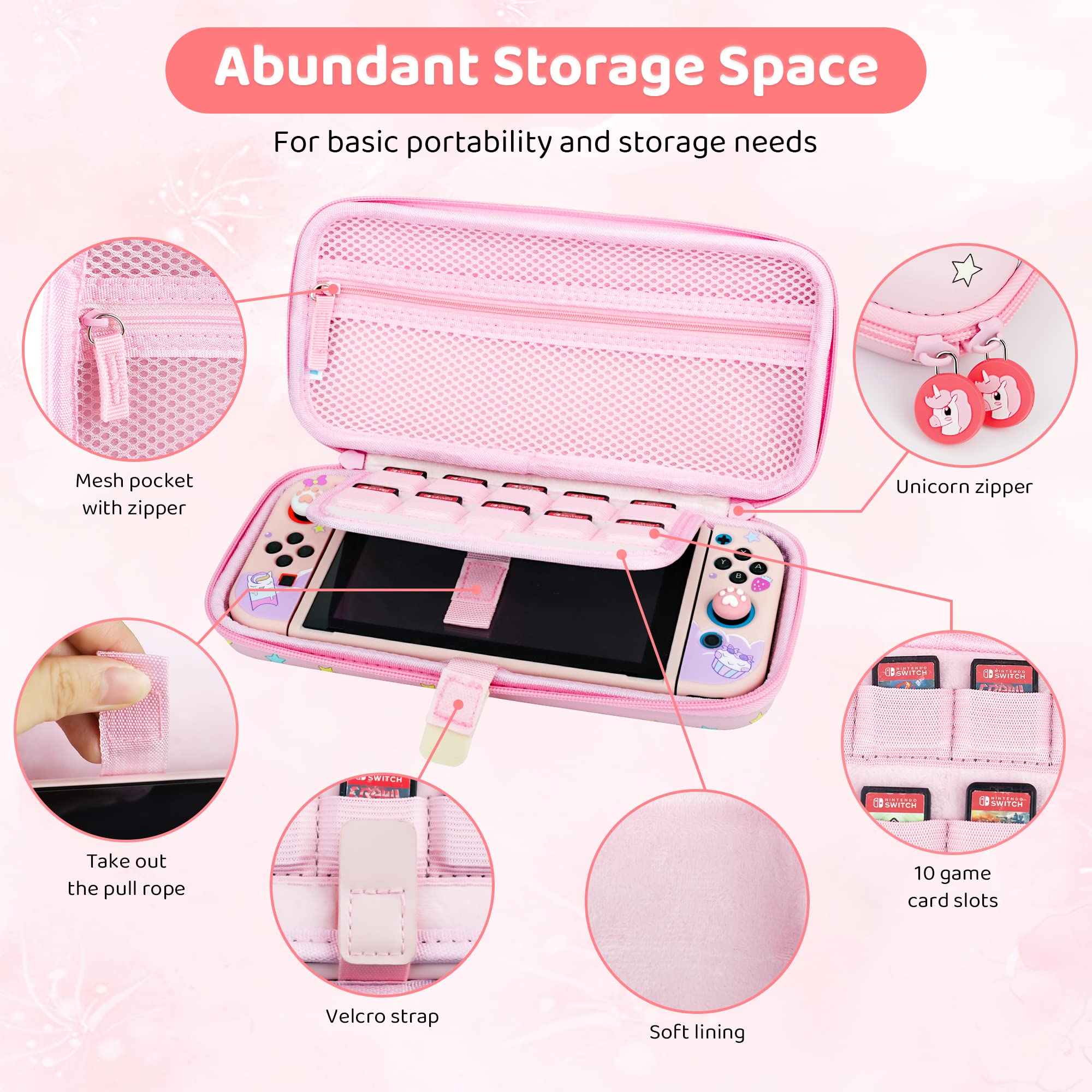 FUNDIARY Cute Unicorn Carrying Case for Nintendo Switch, Pink Storage Case Accessories Bundle for Switch with Protective Shell, Screen Protector, Adjustable Shoulder Strap and 2 Cat Paw Thumb Grips