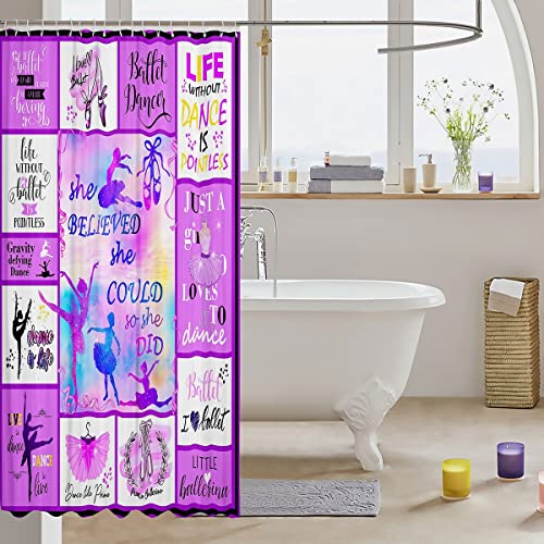 Girls Ballet Shower Curtain, Kids Ballet Dancer Bath Curtain Tie Dye Dancing Ballerina Bathroom Shower Curtains, Patchwork Plaid Dreamy Girly Cloth Fabric Bathroom Decor Set With Hooks, 72" W X 78" L