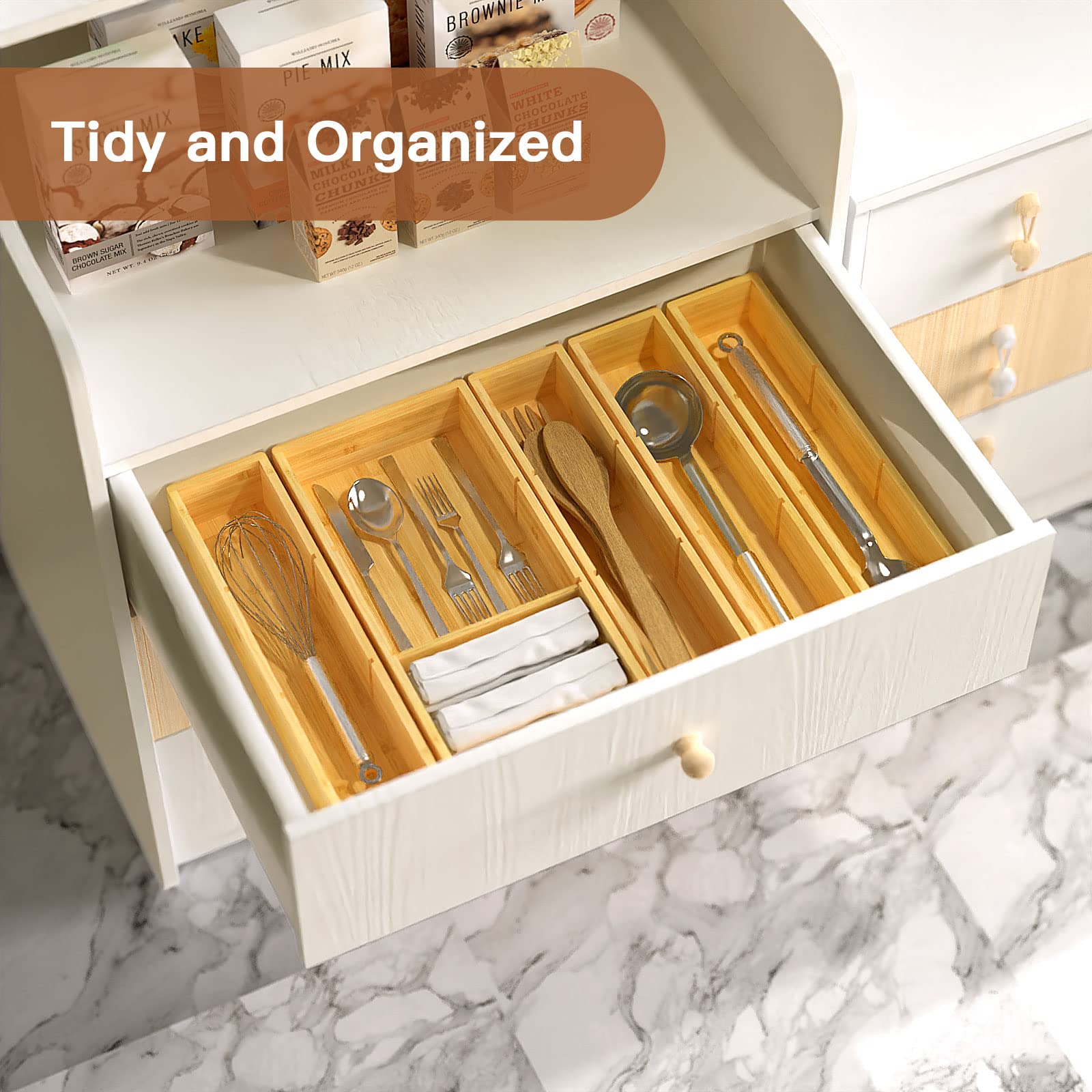 DUJEN 5 PCS Bamboo Drawer Organizer for Silverware Organizer 18'' X 12'' X 2', Adjustable 3 Individual Storage Box for Stackable Utensil Organizer, Flatware Kitchen Storage and Organizer