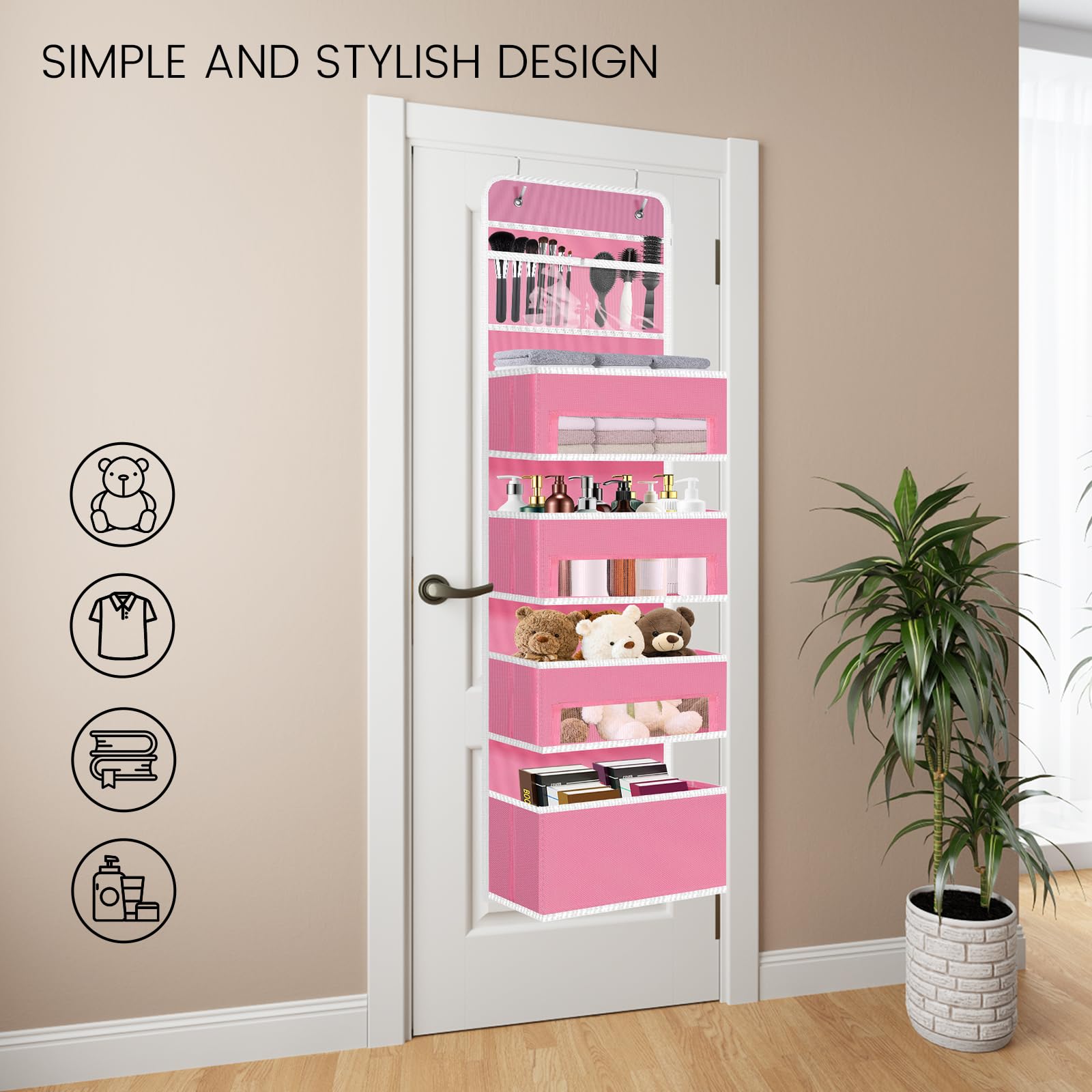HAKACC Door Hanging Organizer Nursery Closet Cabinet Baby Storage,Upgrade Hanging Storage with Clear Window with 4 Large Pockets and 2 Small PVC Pockets for Cosmetics,Toys and Sundries,Pink