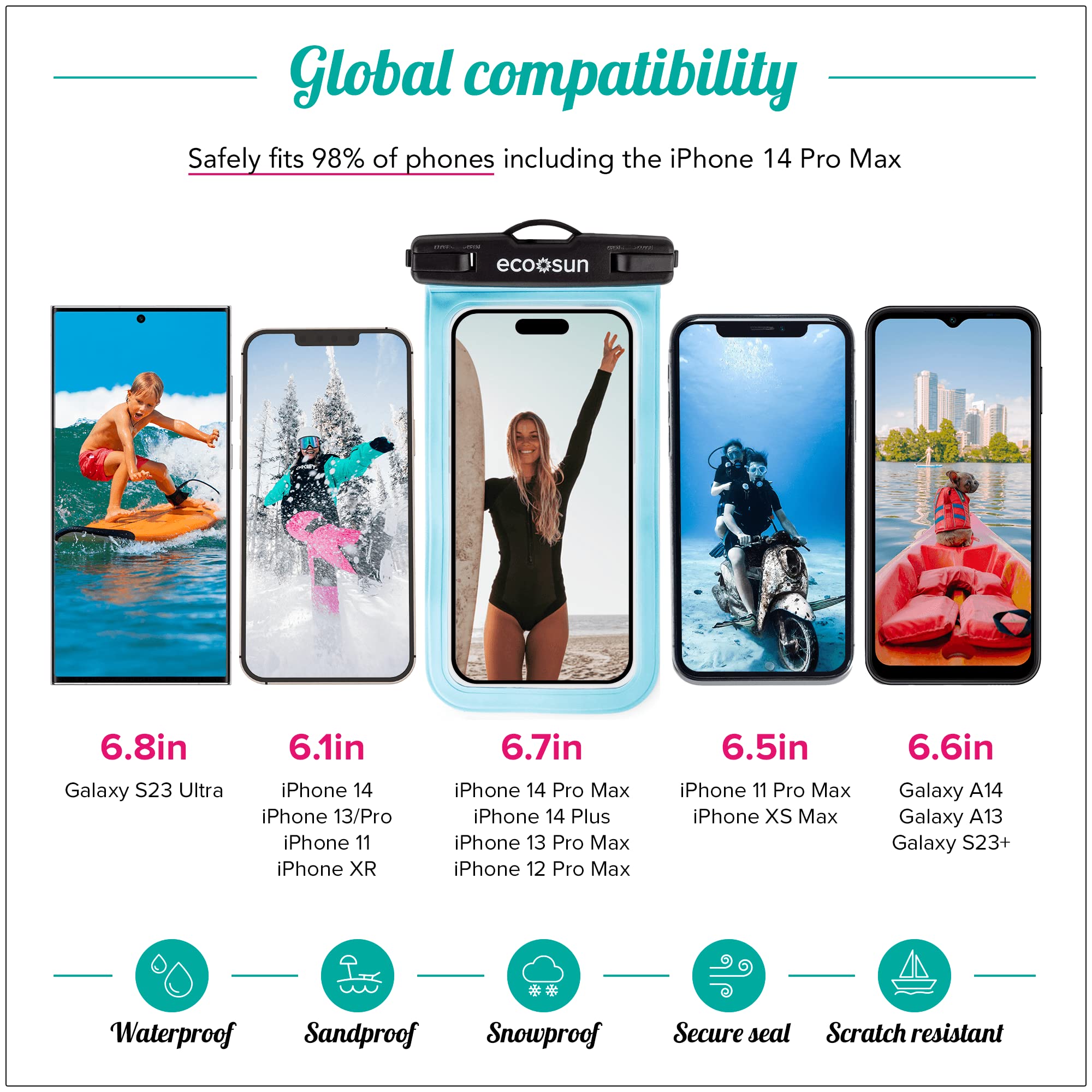 Eco Sun Waterproof Phone Pouch (2-Pack) β Designed in Hawaii β Case Fits All iPhones (incl. 15 Pro Max), Samsung Galaxy S24 & More Blue/Pink