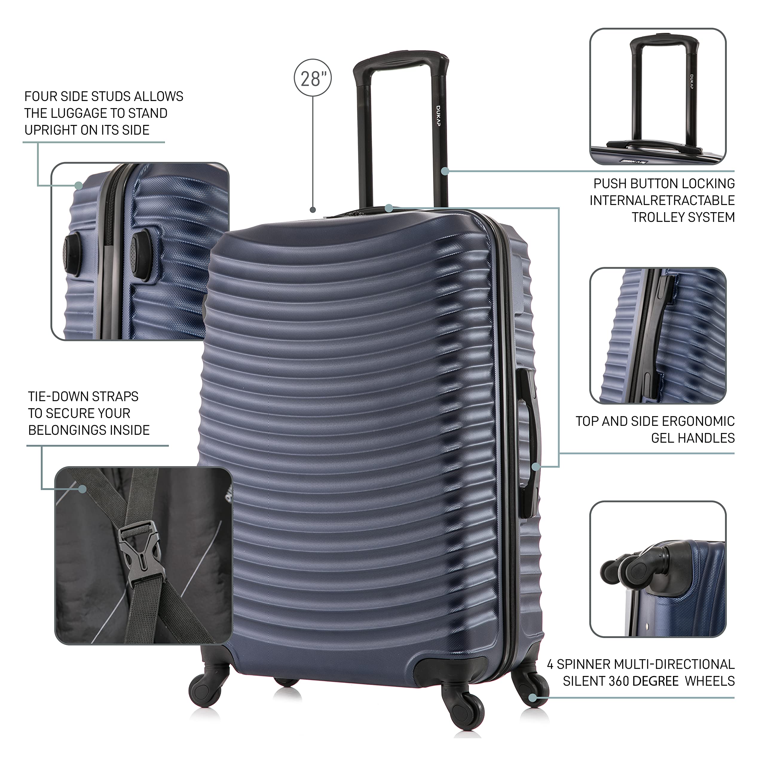DUKAP ADLY Luggage with Spinner Wheels | Durable Lightweight Hardshell Suitcase,Travel Sets with Handle and Trolley | (20in, 24in, 28in) 3 Piece Luggage Set | Blue