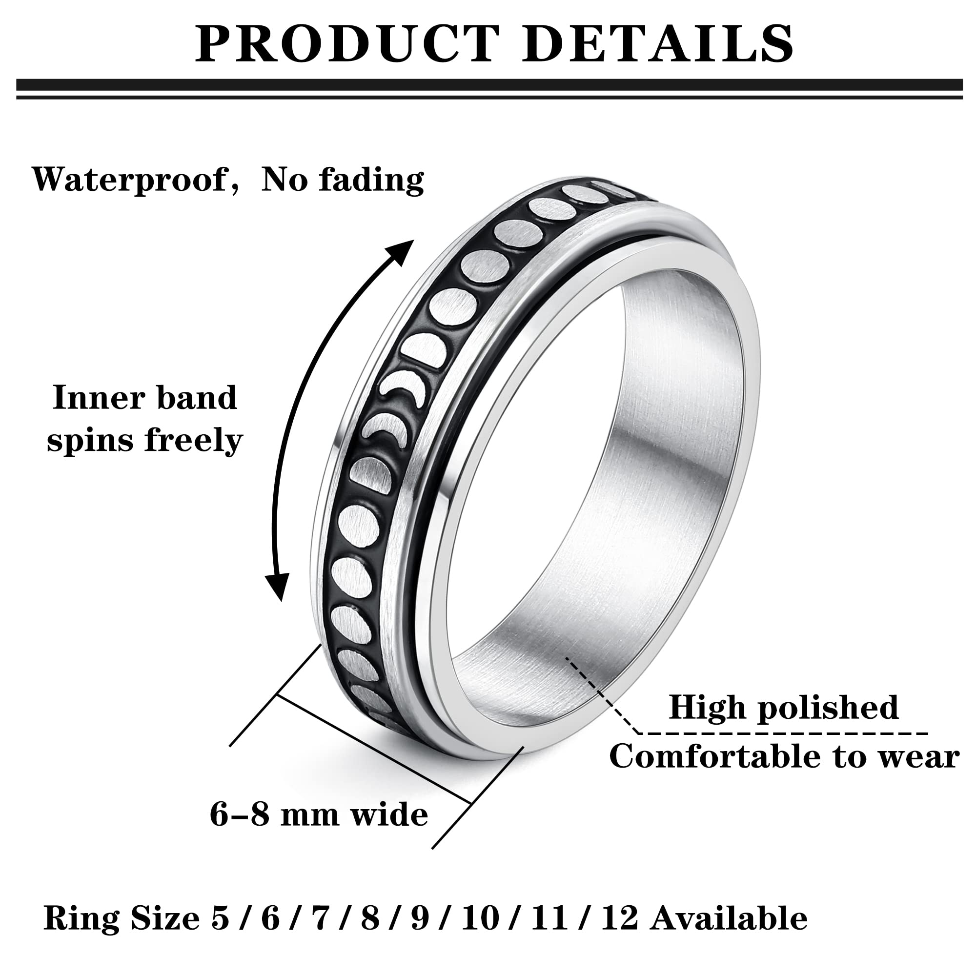 FIBO STEEL 9Pcs Stainless Steel Spinner Fidget Ring for Women Band Rings Moon Star Sand Blast Finish Ring Set for Stress Relieving Wedding Promise Size 9